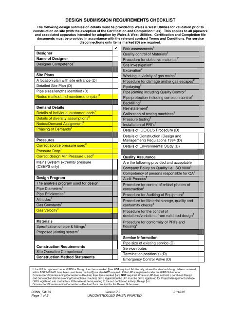 DESIGN SUBMISSION REQUIREMENTS CHECKLIST