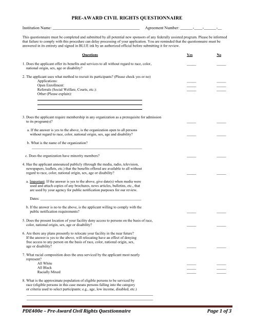 PRE-AWARD CIVIL RIGHTS QUESTIONNAIRE