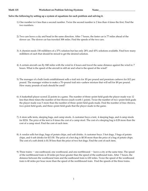 Math 125 Worksheet on Problem Solving (Systems - LAVC Math ...