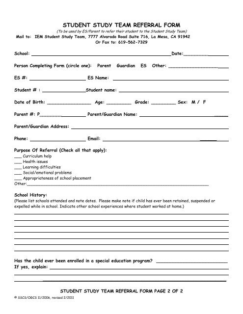 STUDENT STUDY TEAM REFERRAL FORM STUDENT STUDY TEAM REFERRAL FORM