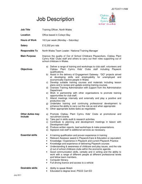 Job Description - Clybiau Plant Cymru: Kid's Clubs