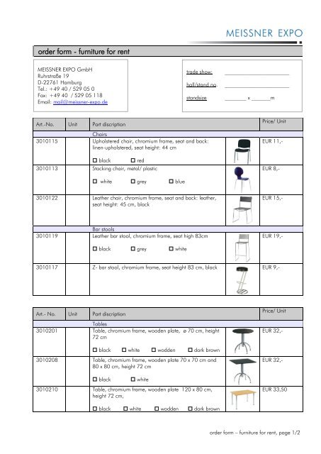 order form - furniture for rent - MEISSNER EXPO GmbH