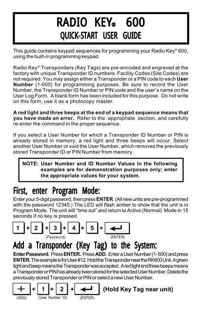 RADIO KEY ® 600 Quick Start Users Guide - Secura Key