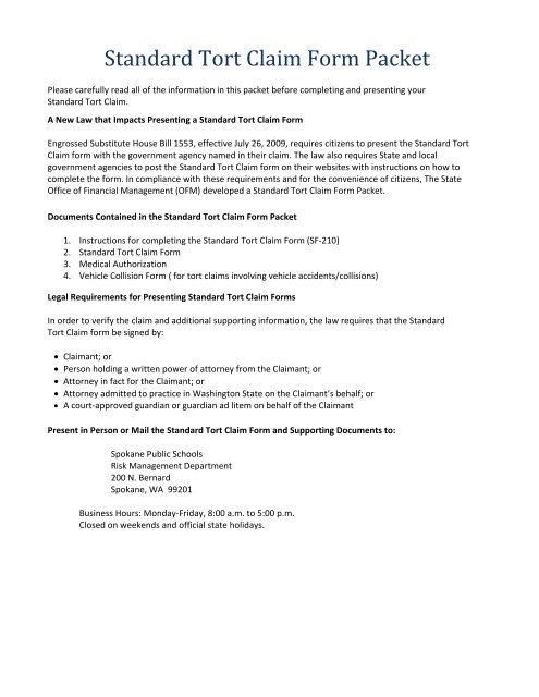 SPS Standard Tort Claim Form Packet - Spokane Public Schools
