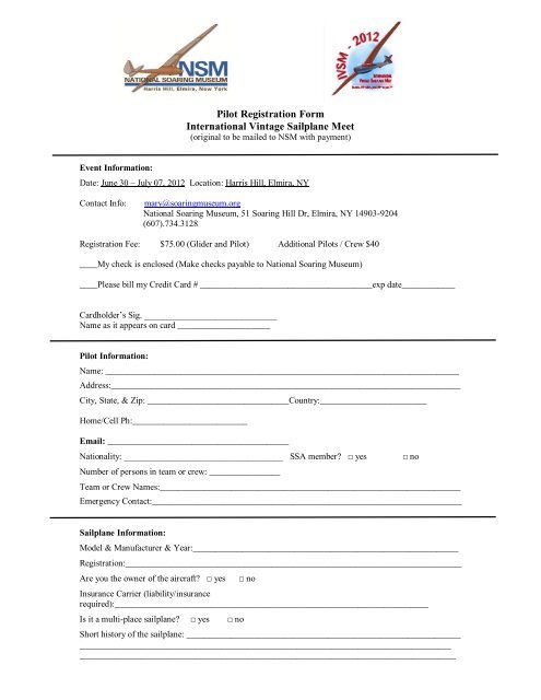 Pilot Registration Form International Vintage Sailplane Meet
