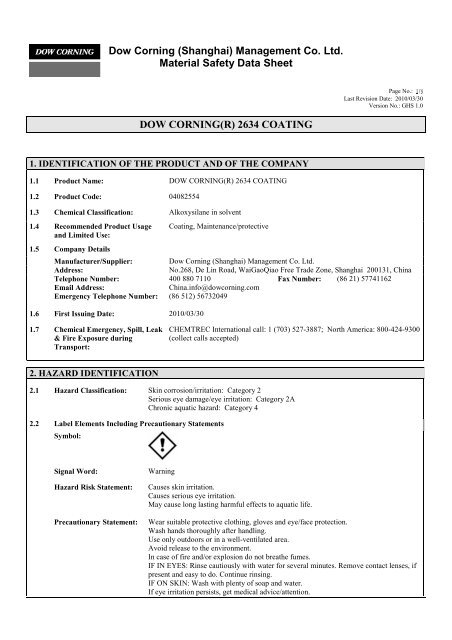 Dow Corning (Shanghai) Management Co. Ltd. Material Safety Data ...