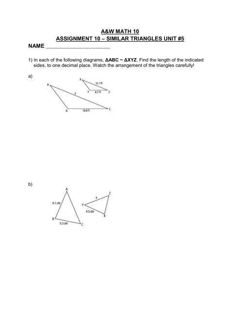 A&W MATH 10 ASSIGNMENT 10 – SIMILAR TRIANGLES UNIT #5 ...