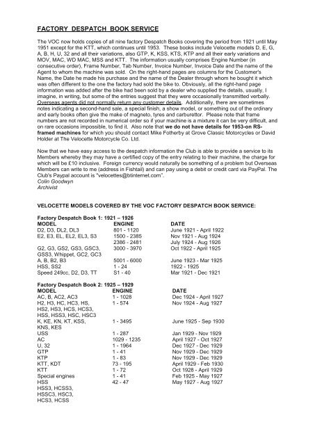 FACTORY DESPATCH BOOK SERVICE - Velocette Owners Club