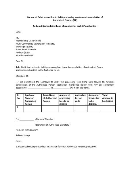 Format of Debit Instruction to debit processing fees towards ... - MCX
