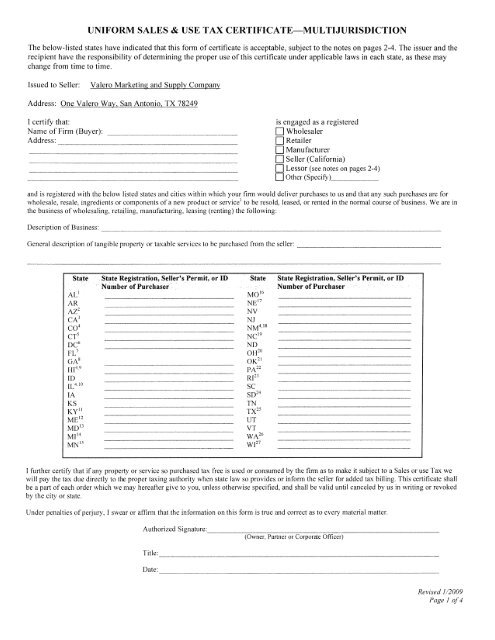 UNIFORM SALES & USE TAX CERTIFICATE ... - Valero