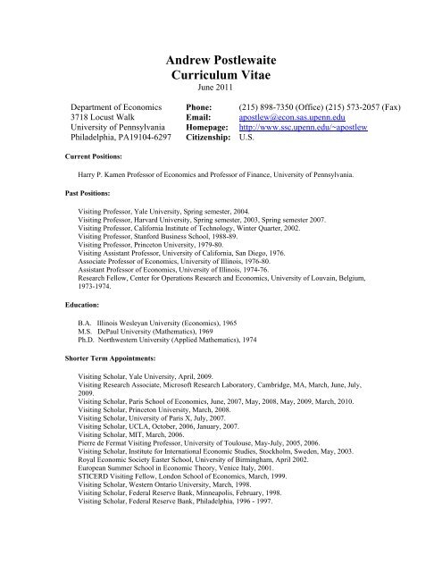 Andrew Postlewaite Curriculum Vitae - Social Sciences Computing