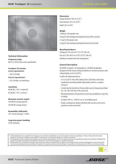 FreeSpace Model 32 Loudspeaker - Tech Data Sheet - Bose