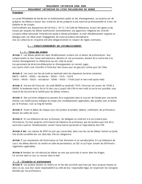 Règlement Et Procédures De La Classe Du Lycée Règlement Intérieur
