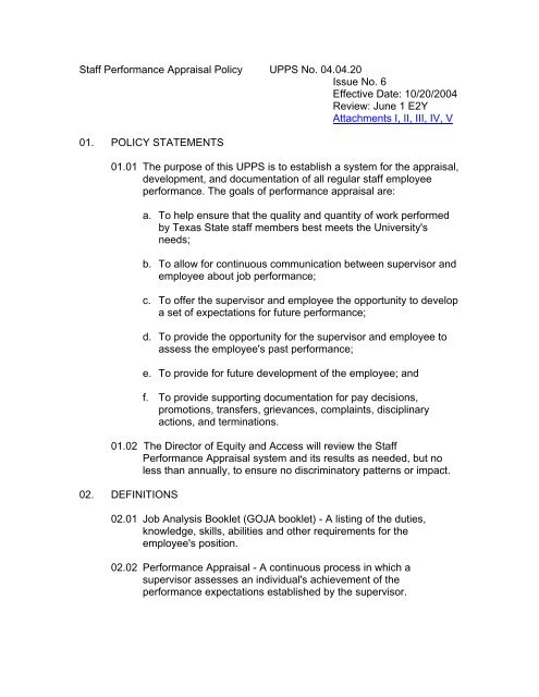 Staff Performance Appraisal Policy: Texas State University