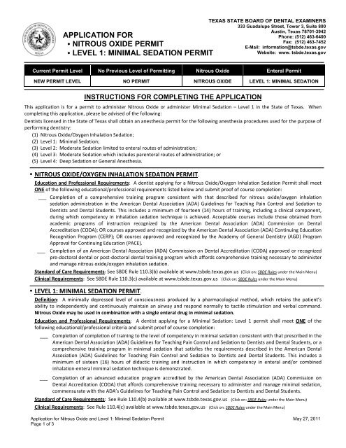 application for â ¢ nitrous oxide permit â ¢ level 1: minimal sedation permit