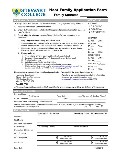 Host Family Application Form - Stewart College