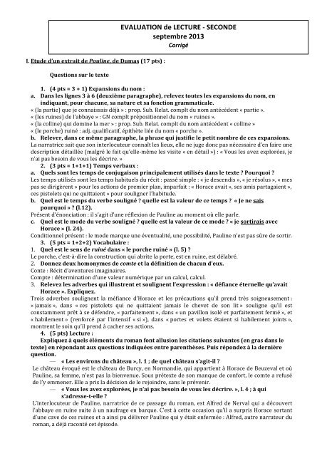 EVALUATION de LECTURE -â SECONDE septembre 2013