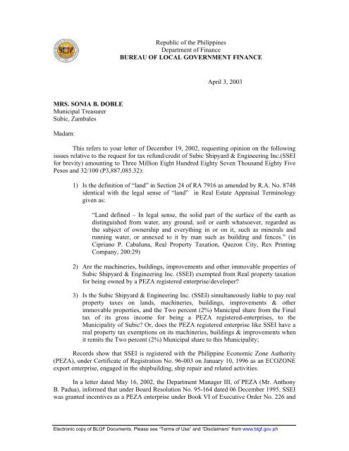 Claim of Tax Refund for PEZA - Bureau of Local Government Finance