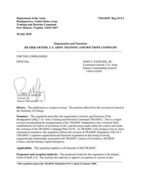Department of the Army *TRADOC Reg 10-5 - TRADOC - U.S. Army