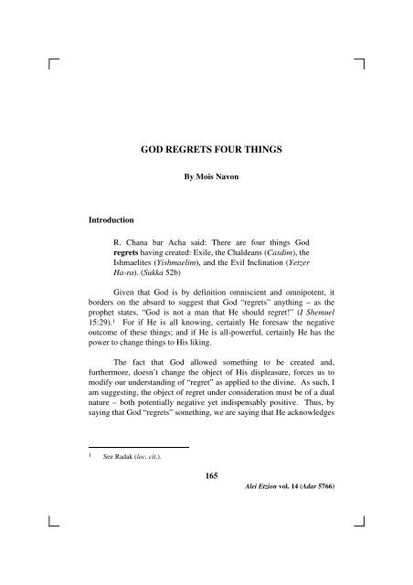 GOD REGRETS FOUR THINGS - Divrei Navon