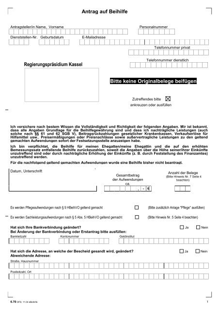 Antrag auf Beihilfe Bitte keine Originalbelege beifÃ¼gen ...