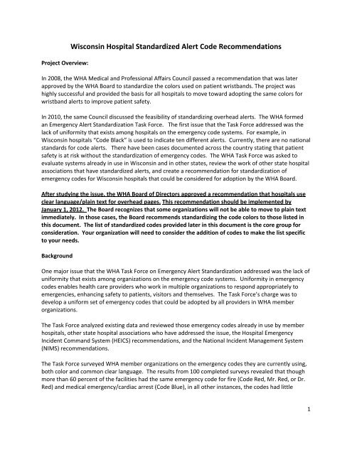 Wisconsin Hospital Standardized Alert Code Recommendations