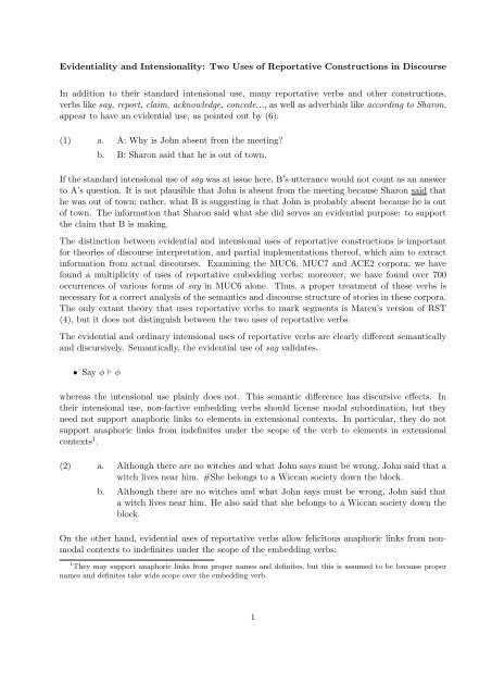 Evidentiality and Intensionality: Two Uses of Reportative ...