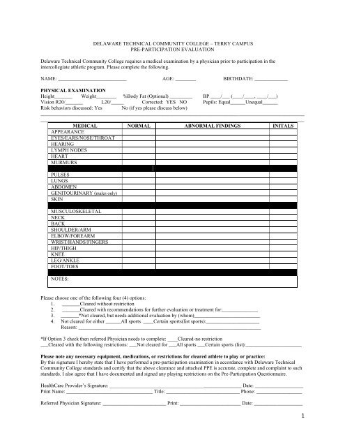 Physical Form - Delaware Technical Community College