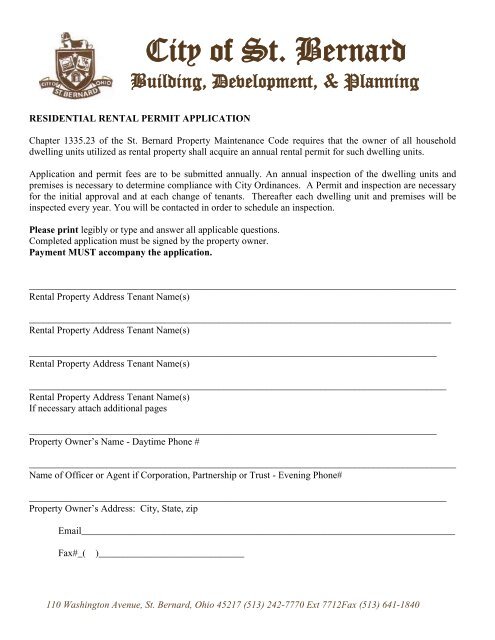 Rental Permit Application - City of St. Bernard