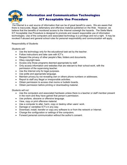 ICT Acceptable Use Policy Stella Maris Parish School ict-acceptable-use-policy-stella-maris-parish-school