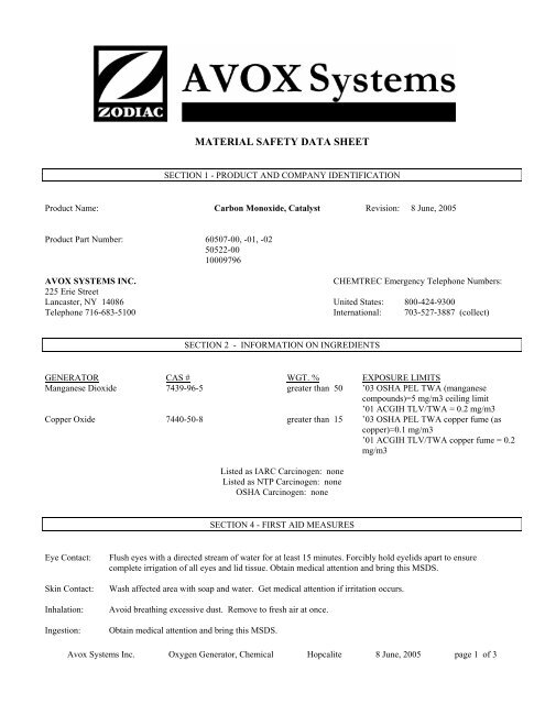 Hopcalite - Carbon Monoxide Catalyst MSDS - AVOX Systems, Inc.