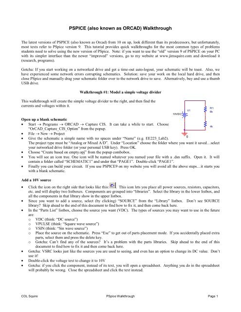 PSPICE version 10 (also known as ORCAD) Walkthrough