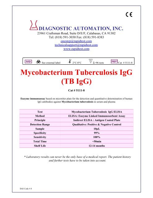 Mycobacterium Tuberculosis IgG (TB IgG) - ELISA kits - Rapid tests