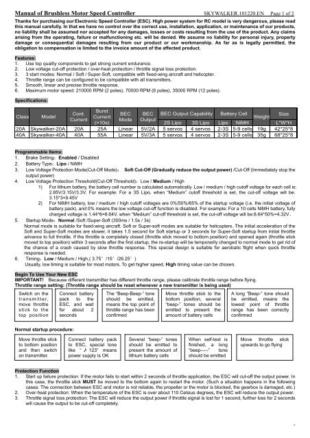 Manual of Brushless Motor Speed Controller - HiModel