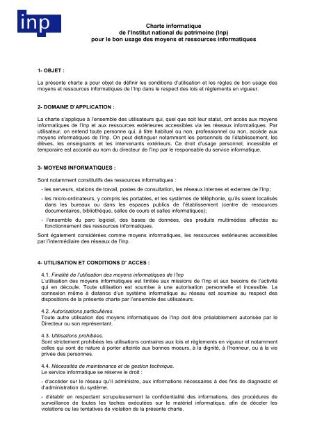 Charte informatique de l'Institut national du patrimoine (Inp) pour le ...