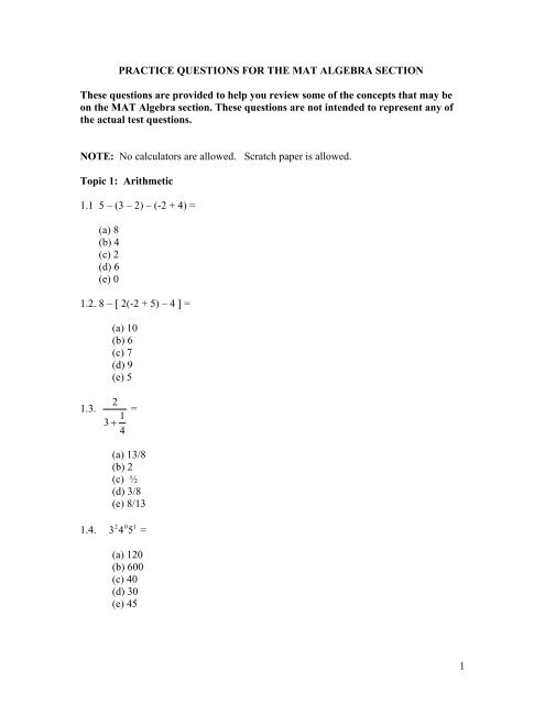 Practice Questions For The Math Placement Test