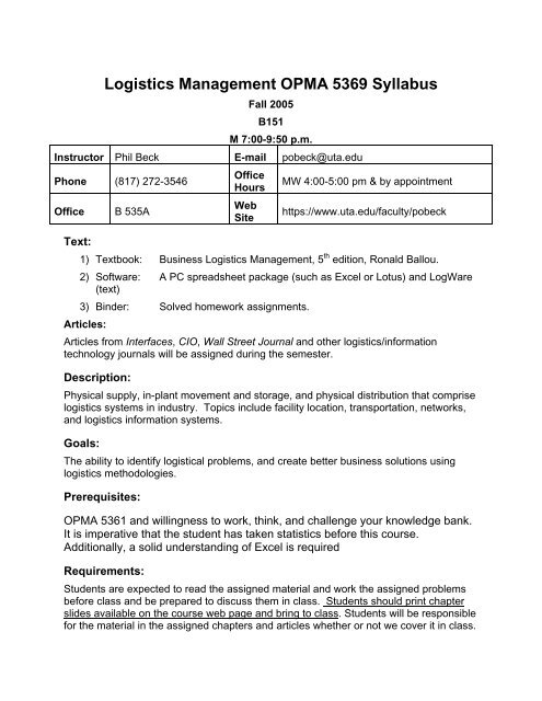 Logistics Management- Syllabus - The University of Texas at Arlington
