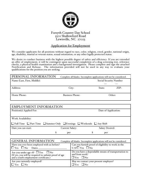 Application Form - Forsyth Country Day School