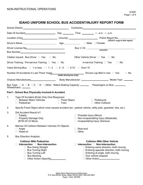 8182F Idaho Uniform School Bus Accident/Injury Report Form