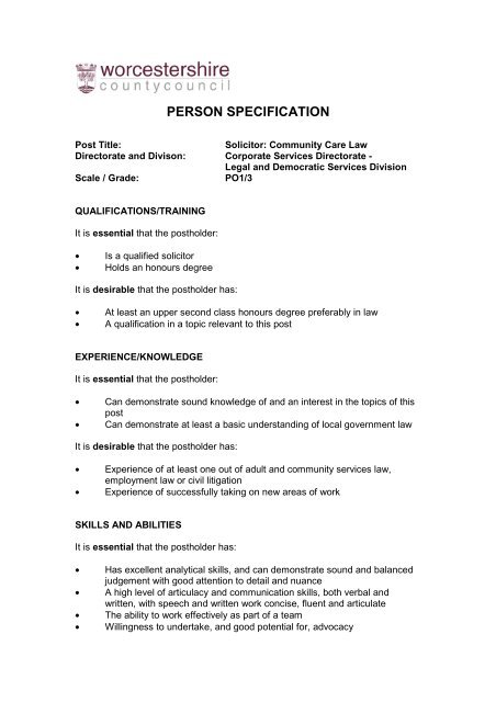PERSON SPECIFICATION - Worcestershire County Council