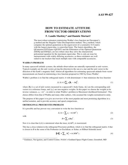 How To Estimate Attitude from Vector Observations - Malcolm D ...