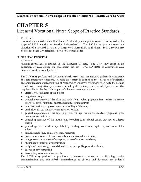 Licensed Vocational Nurse Scope of Practice Standards Health