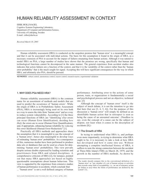HUMAN RELIABILITY ASSESSMENT IN CONTEXT