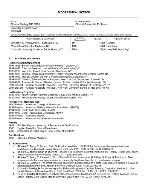 BIOGRAPHICAL SKETCH Donna Shelley MD MPH Clinical ...