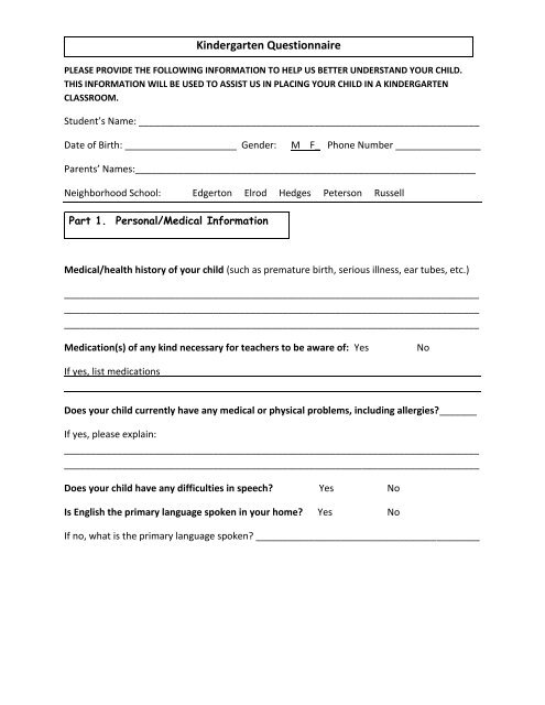 Kindergarten Questionnaire