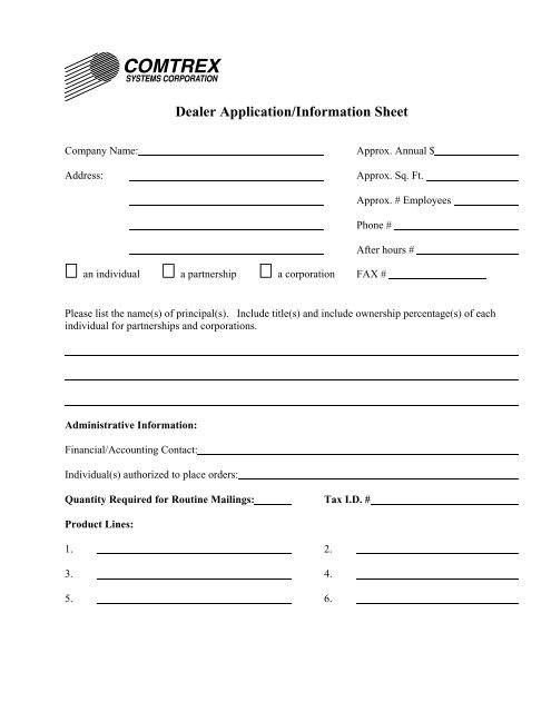Dealer Application/Information Sheet - Comtrex Systems Corporation