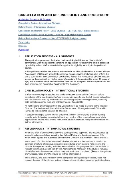 CANCELLATION AND REFUND POLICY AND PROCEDURE - AIAS