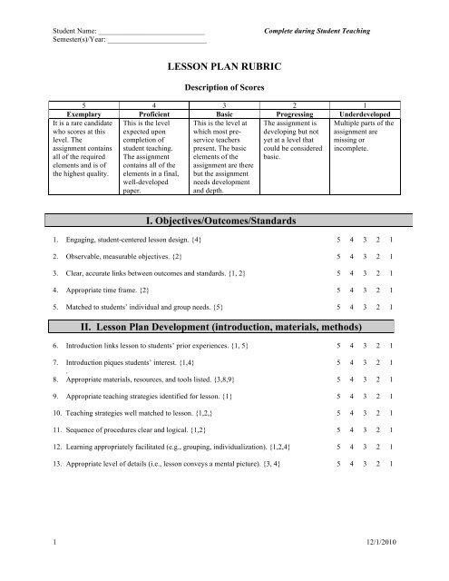 LESSON PLAN RUBRIC I. Objectives/Outcomes/Standards II ...