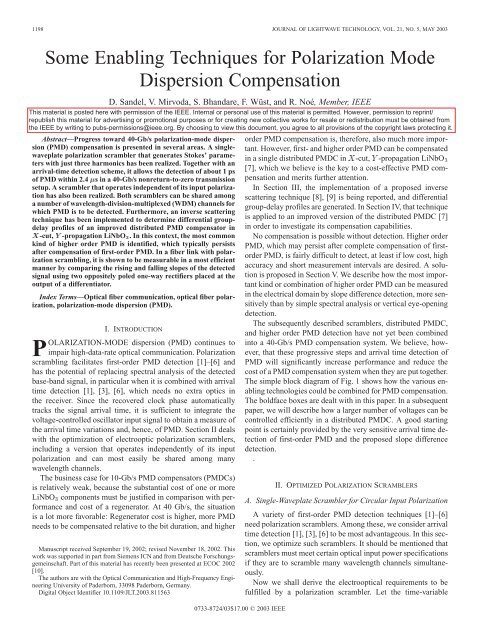 Some enabling techniques for polarization mode dispersion ...