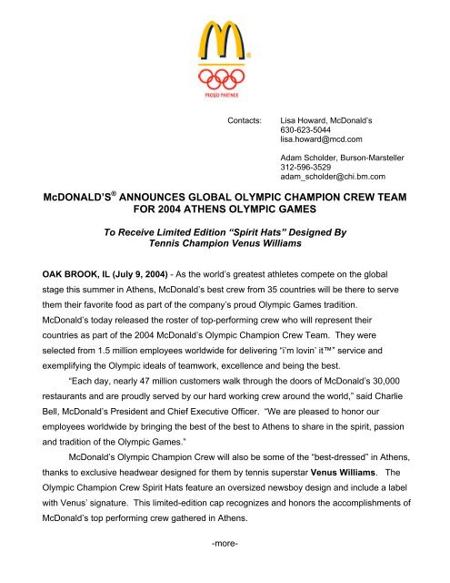 Mcdonald's Announces Global Olympic Champion ... - Mcdepk.com Mcdonald's Announces Global Olympic Champion ... - Mcdepk.com